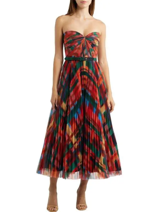 HUTCH Strapless Pleated Gown In Plaid Print - Red Multi
