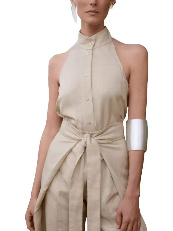 THE IQ COLLECTION Trama Halterneck Top With Mock Collar - Beige