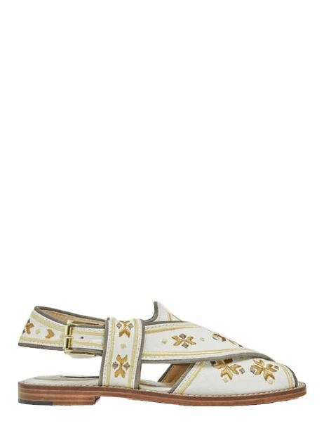 ÇAPLAIT Handcrafted Peshawari Sandals With Geometric Embroidery - White-gold