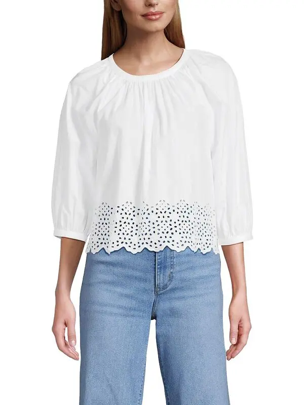 LANDS' END Gathered Eyelet Top With Scoop Neckline - White