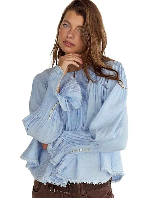 Free People Thousand Pintucks Blouse - Soft Blue