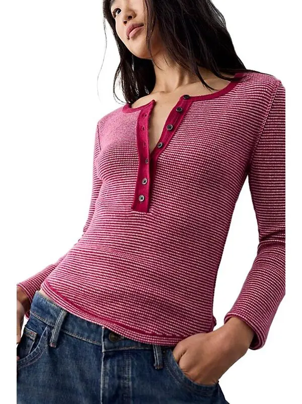 Free People We The Free Striped Cashmere Henley Top - Berry Combo