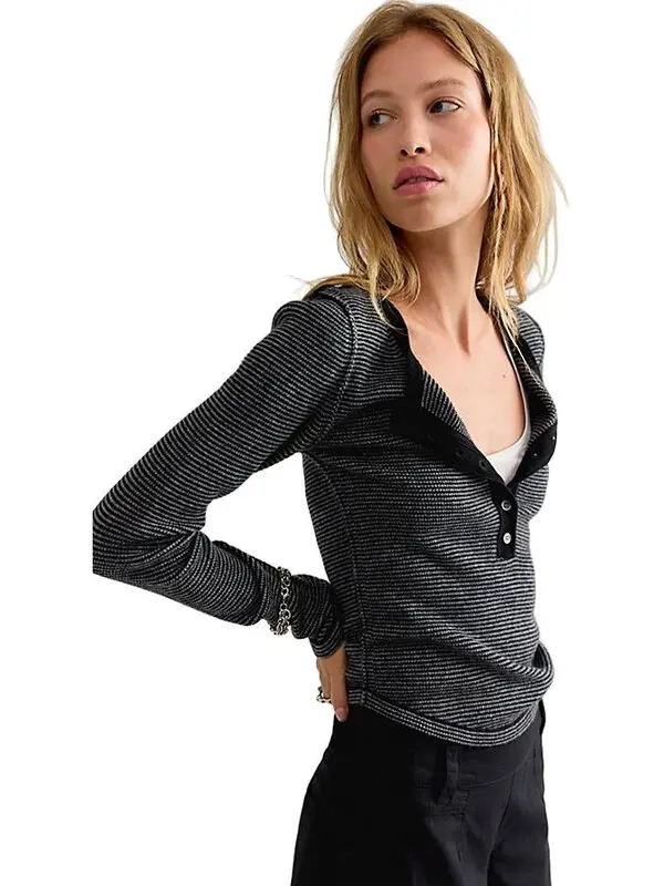 Free People We The Free Hudson Striped Cashmere Henley - Charcoal Combo