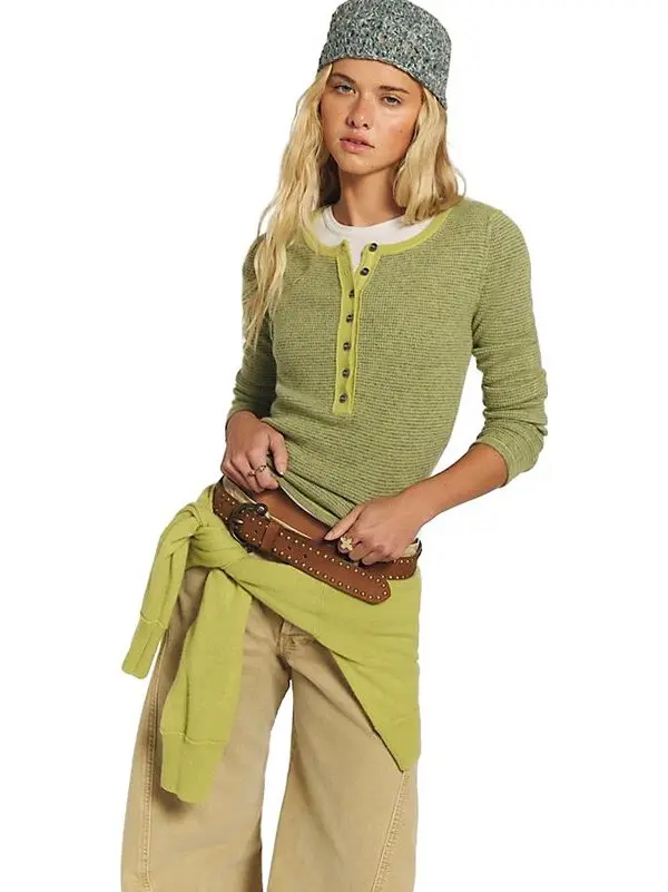 Free People We The Free Hudson Striped Cashmere Henley - Citron Combo