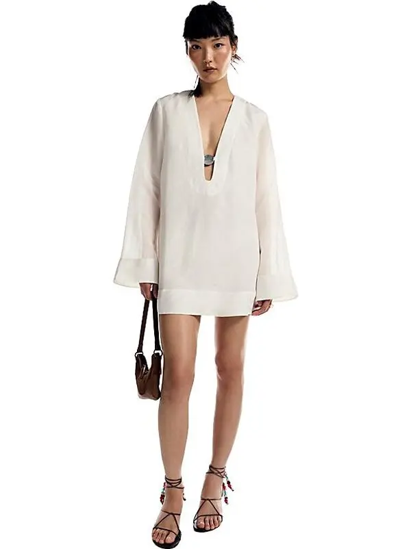Shona Joy Paloma Plunge Long Sleeve Mini Dress - Ivory