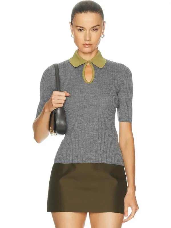 JIL SANDER Short Sleeve Ribbed Knit Polo Sweater With Cutout Detail - Pebble