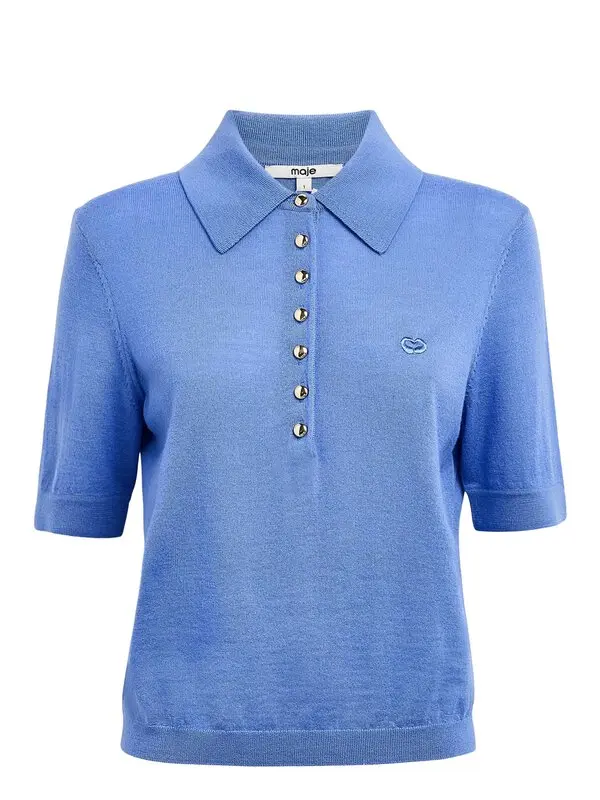 Maje Wool Polo Sweater With Buttoned Placket And Ribbed Finishes - Blue