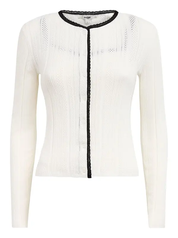 Maje Pointelle Knit Cardigan And Tank Top Set With Contrast Trim - White