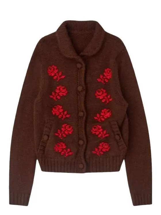 SHUSHU/TONG Embroidered Lapel Collar Cardigan - Brown