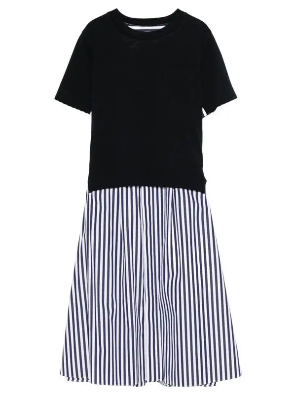 Sacai Short Sleeve Dress With Striped Skirt - Black