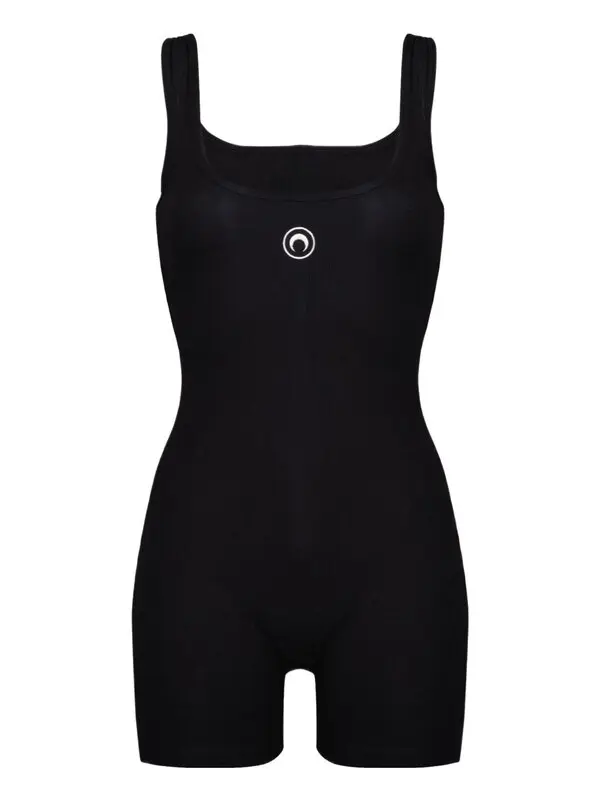 MARINE SERRE Moon Motif Ribbed Knit Short Bodysuit - Black