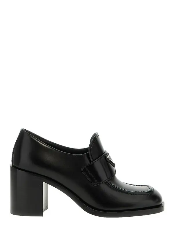 Prada High Heel Loafers With Enamelled Logo - Black