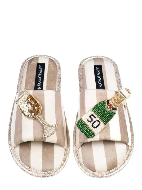 LAINES LONDON Flatform Stripe Open Toe Slippers With Embellished Brooches - White
