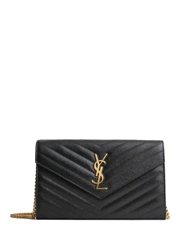 Saint Laurent Monogram Chain Wallet In Grain De Poudre Embossed Leather - Black