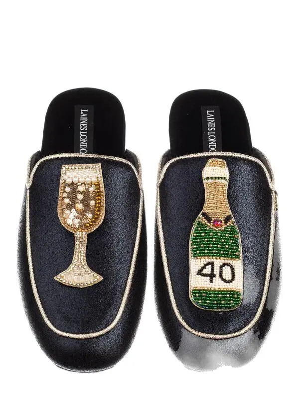 LAINES LONDON Embellished Champagne Bottle & Glass Mules - Black/gold