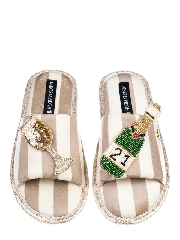 LAINES LONDON Flatform Stripe Open Toe Slippers With Champagne And Wine Glass Brooches - White