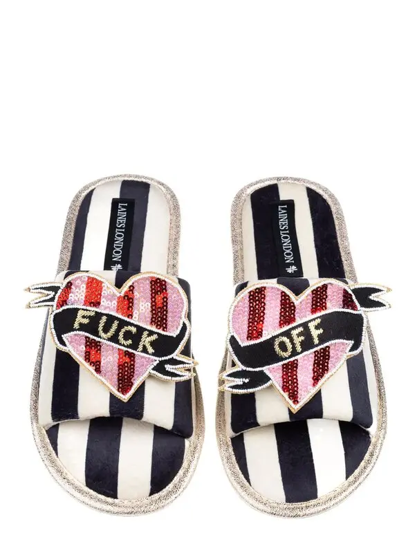 LAINES LONDON Flatform Stripe Slippers With Embellished Heart Brooches - Black/white