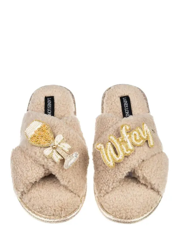 LAINES LONDON Embellished Boucle Slippers - Brown/gold