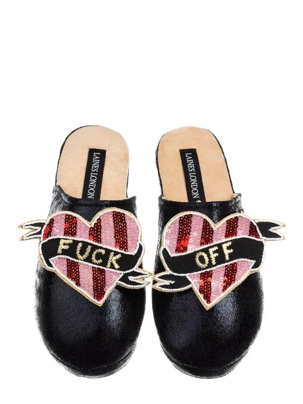 LAINES LONDON Softie Slippers With Heart Brooches - Black
