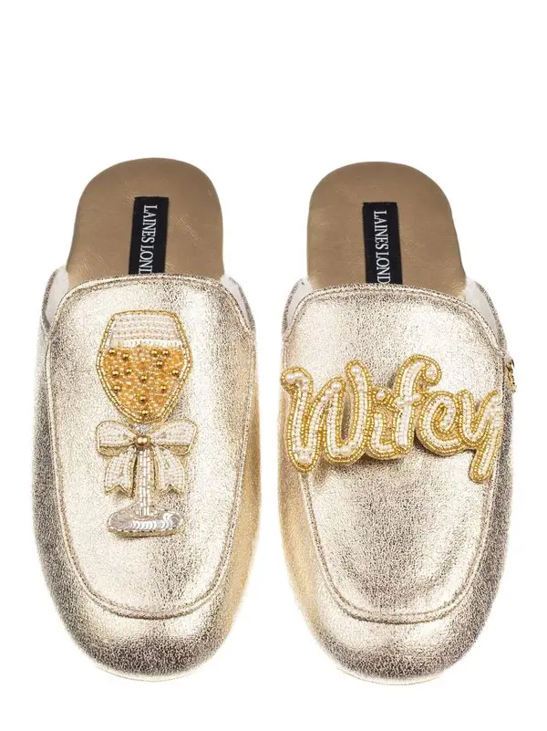 LAINES LONDON Embellished Champagne Glass And Wifey Brooch Mules - Gold