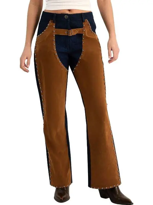 Nasty Gal Denim And Suedette Mix Chap Jeans - Indigo
