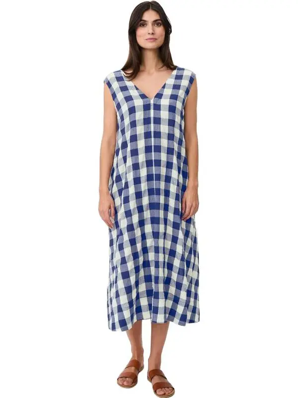MASAI COPENHAGEN V-neck Checked Midi Dress - Medieval Blue