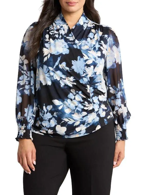Anne Klein Floral Mixed Media Faux Wrap Blouse - Dutch Blue Multi