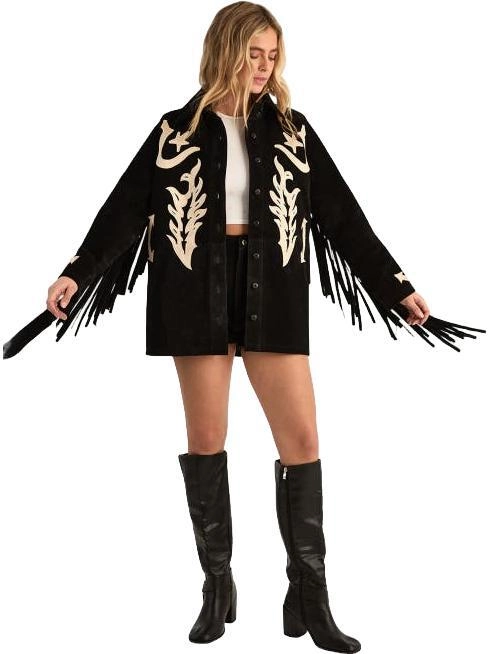 Nasty Gal Real Suede Embroidered Western Shirt With Fringe Detailing - Black