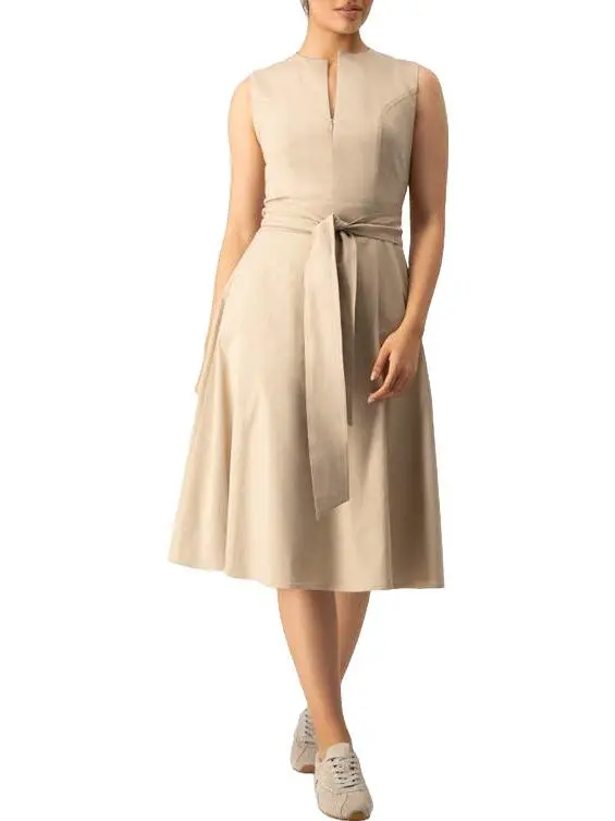 IVONNE Sleeveless Belted A-line Midi Dress - Beige