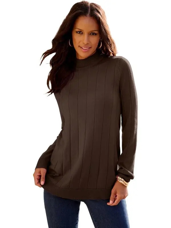 Roaman's Drop Needle Mockneck Lightweight Sweater - Chocolate