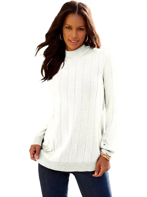 Roaman's Drop Needle Mockneck Lightweight Sweater - Ivory