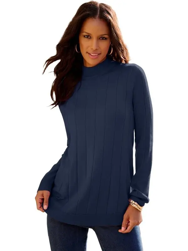 Roaman's Drop Needle Mockneck Lightweight Sweater - Navy