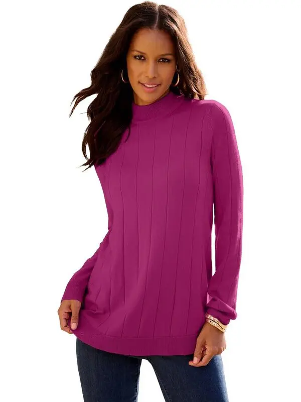 Roaman's Drop Needle Mockneck Lightweight Sweater - Raspberry