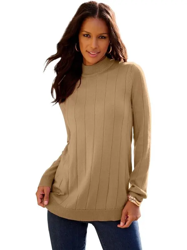 Roaman's Drop Needle Mockneck Lightweight Sweater - Soft Camel