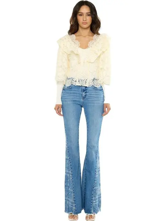 KANCAN Swanie Mid Rise Wide Leg Jeans With Paisley Print Detail - Medium Wash