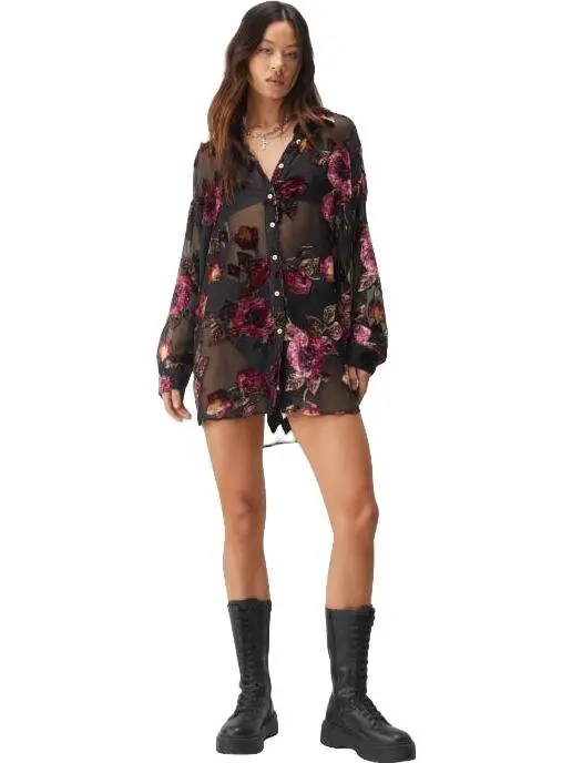 Nasty Gal Devore Floral Sheer Oversized Shirt - Black