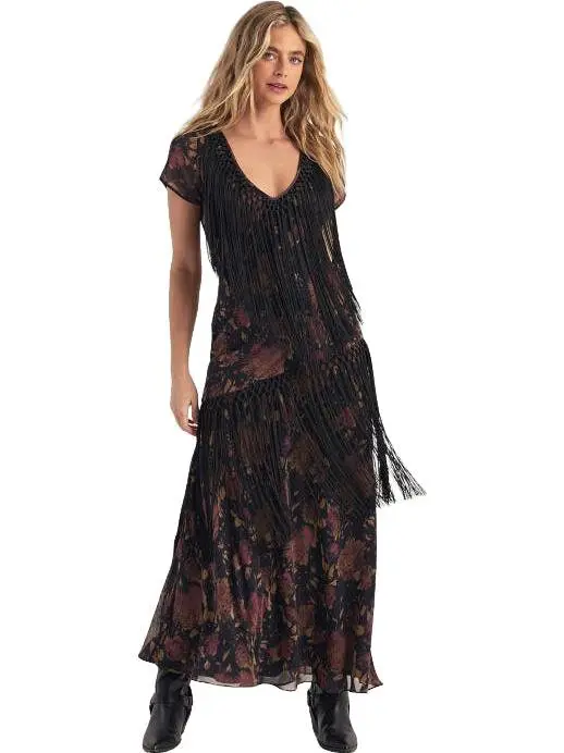 Nasty Gal Floral Chiffon Fringe Maxi Dress - Black