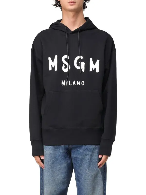 MSGM Relaxed Fit Cotton Hoodie With Pouch Pocket And Logo Print - Black