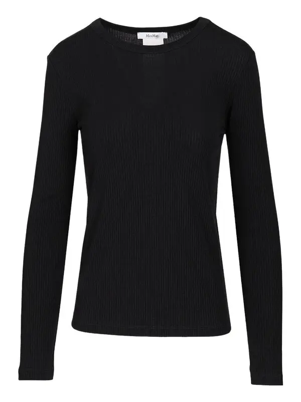 Max Mara Long-sleeve Knit Top With Crew Neck And Brand Plaque - Mud Color