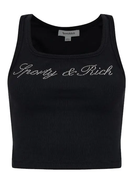 SPORTY  RICH Sporty & Rich Embellished Logo Cropped Tank Top - Black