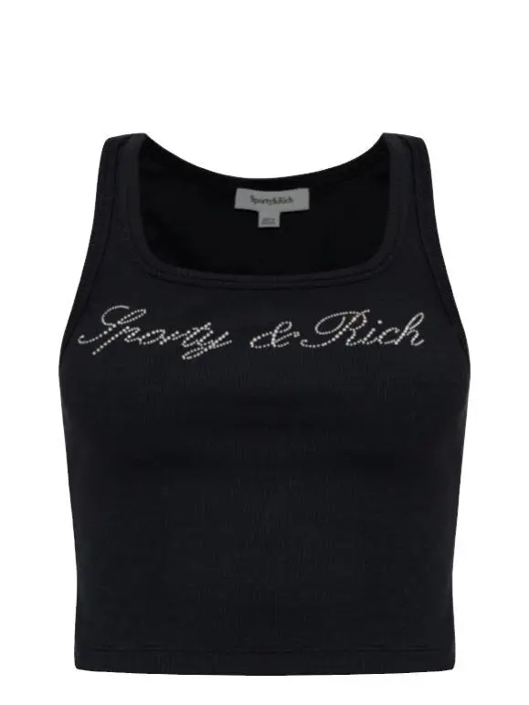 SPORTY  RICH Sporty & Rich Embellished Logo Cropped Tank Top - Black