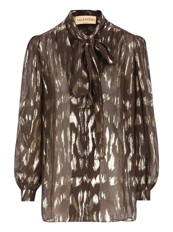 Valentino Garavani Long Sleeve Metallic Print Bow Neck Top - No