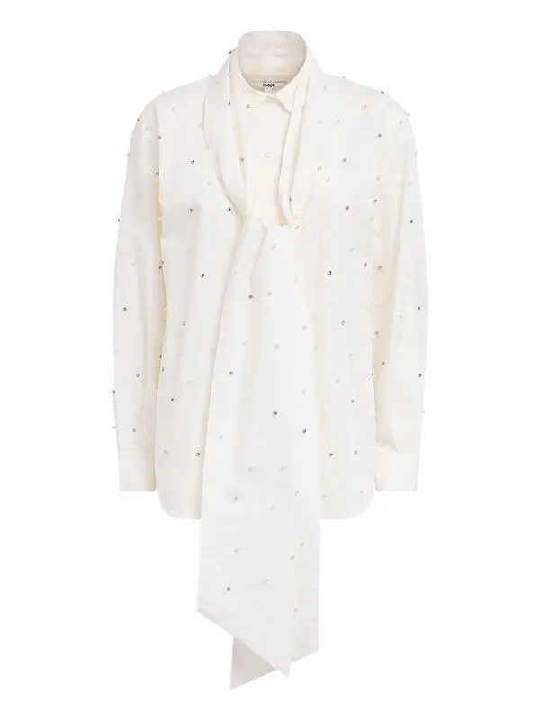 Maje Embellished Cotton Shirt With Tie Neck Detail - White