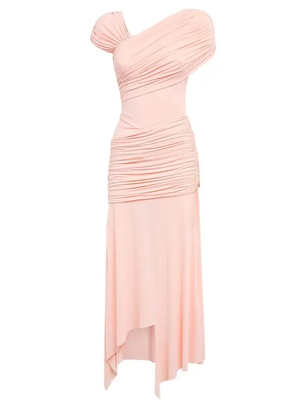 DE LA VALI Draped Asymmetrical Midi Dress - Pink