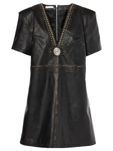 AREA Studded Leather Shirt Dress - Black
