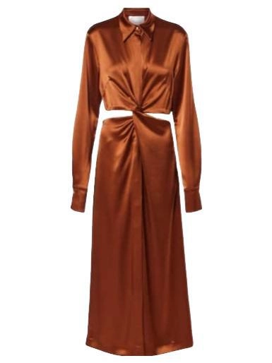 Galvan Gathered Satin Midi Dress - Brown