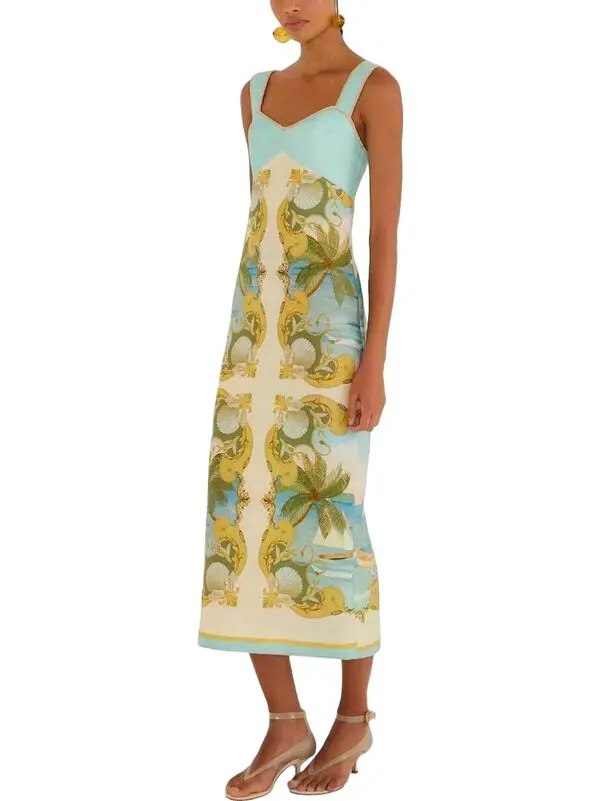 Farm Rio Sleeveless Sweetheart Neck Midi Dress - Neutrals