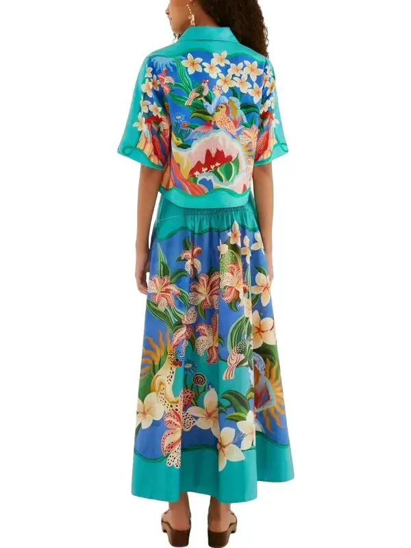 Farm Rio Garden Of Life Floral Print Pleated Midi Skirt - Blue
