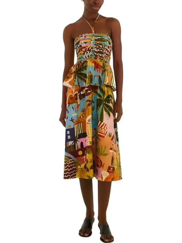 Farm Rio Tropical Painting Ruched Midi Dress - Neutrals