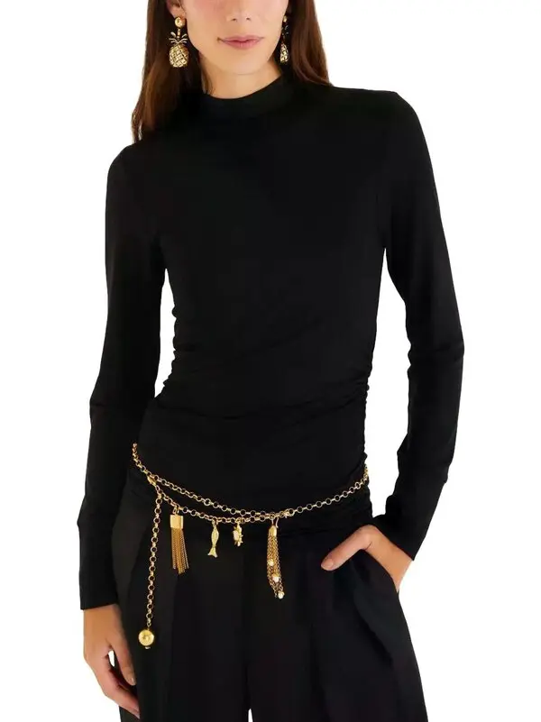 Farm Rio High-neck Ruched Long-sleeve Top - Black
